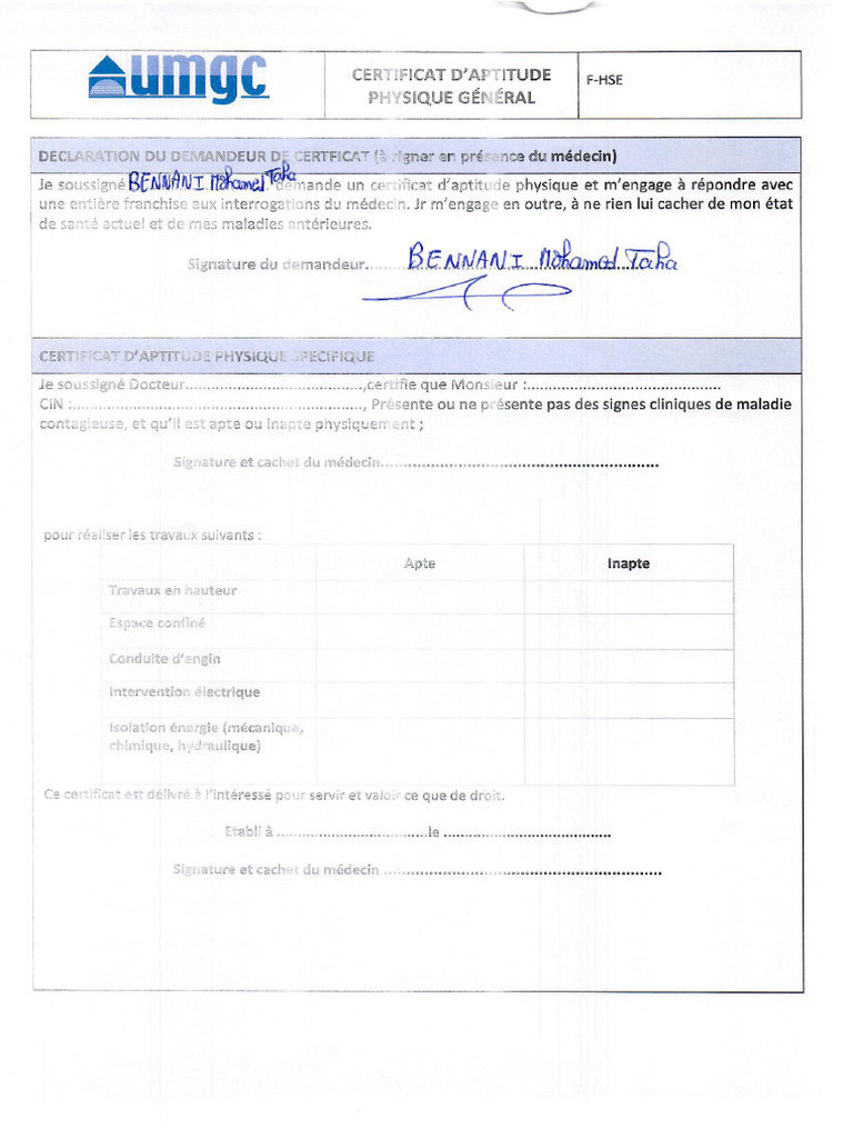 Certificat D'aptitude Physique Général Signé | PDF