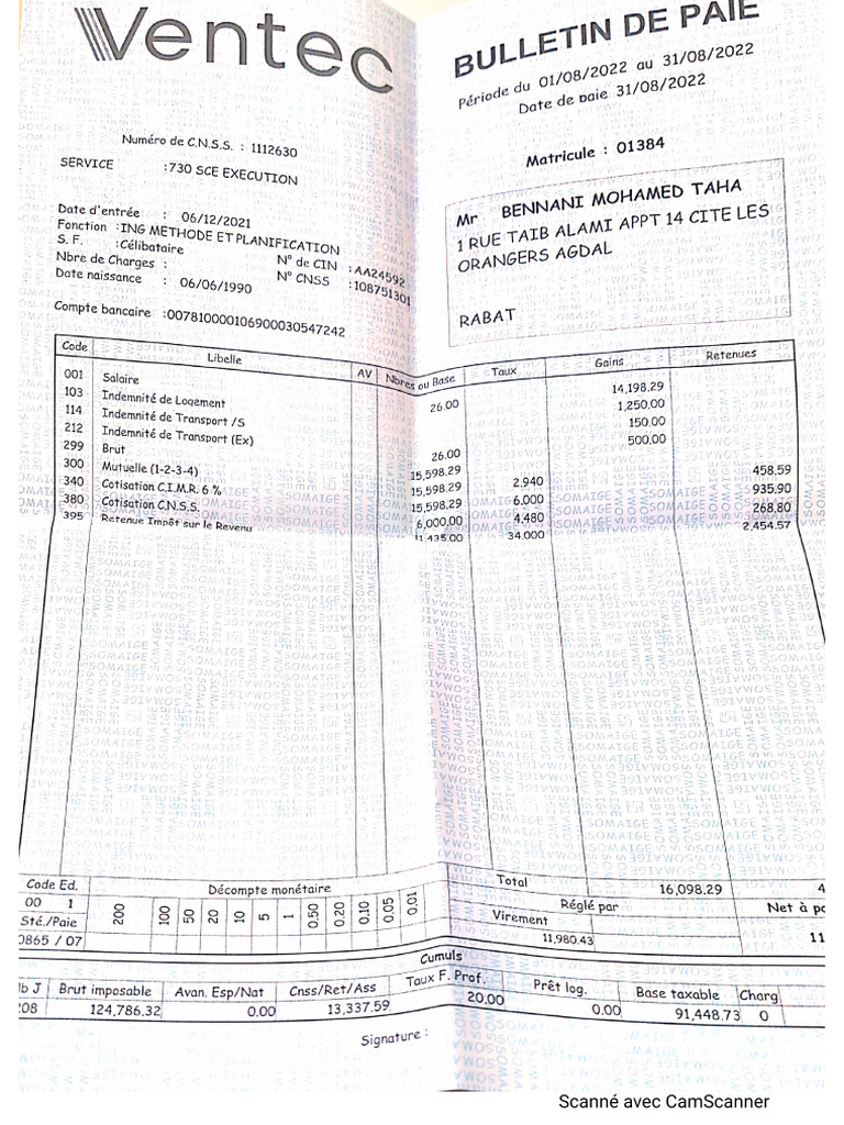 Fiche de Paie BENNANI | PDF