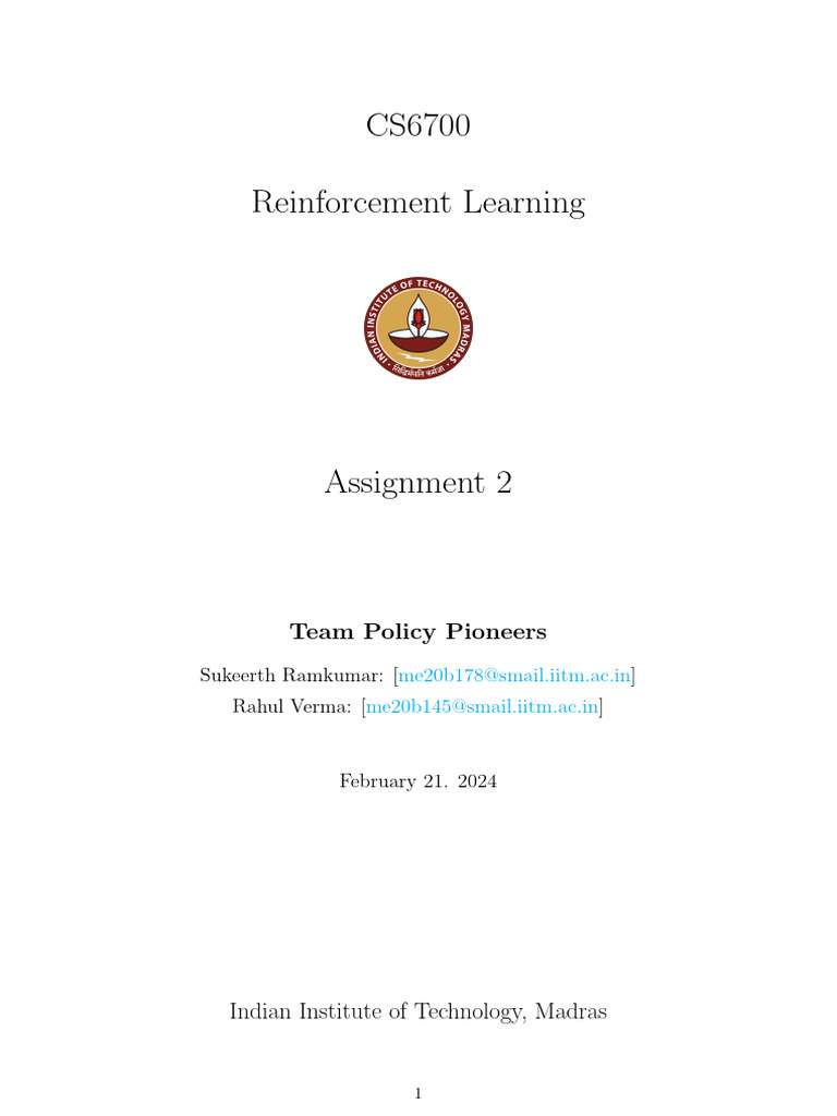 CS6700 Reinforcement Learning Assignment | PDF | Artificial Neural Network | Estimator