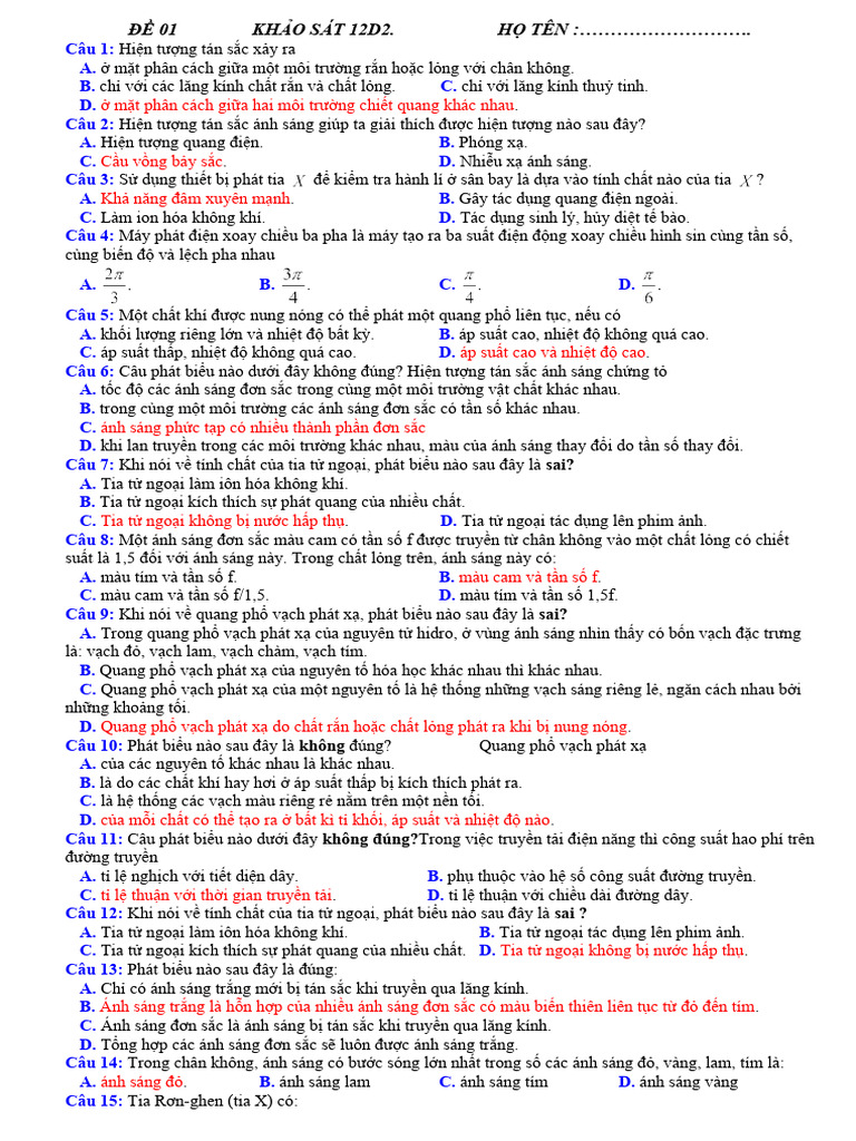 Đề Ôn Giữa Kì 2 12D | PDF