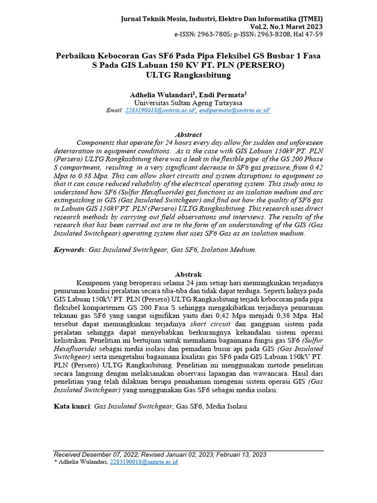 Perbaikan Kebocoran Gas SF6 Pada Pipa Fleksibel GS Busbar 1 Fasa S Pada ...