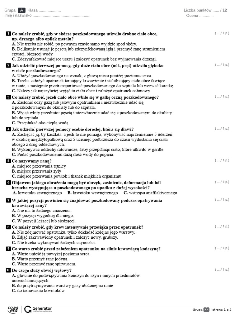 Sprawdzian 1. Podstawy Pierwszej Pomocy Tematy 5 I 6 | PDF