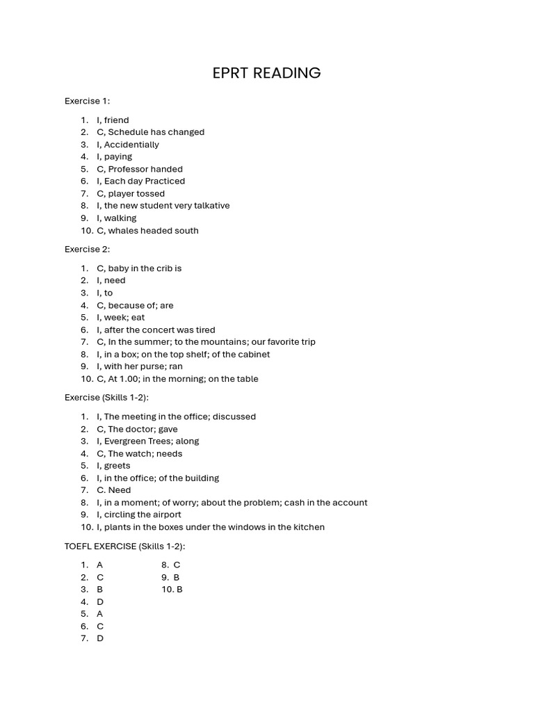 EPRT Reading Exercises for TOEFL Skills | PDF