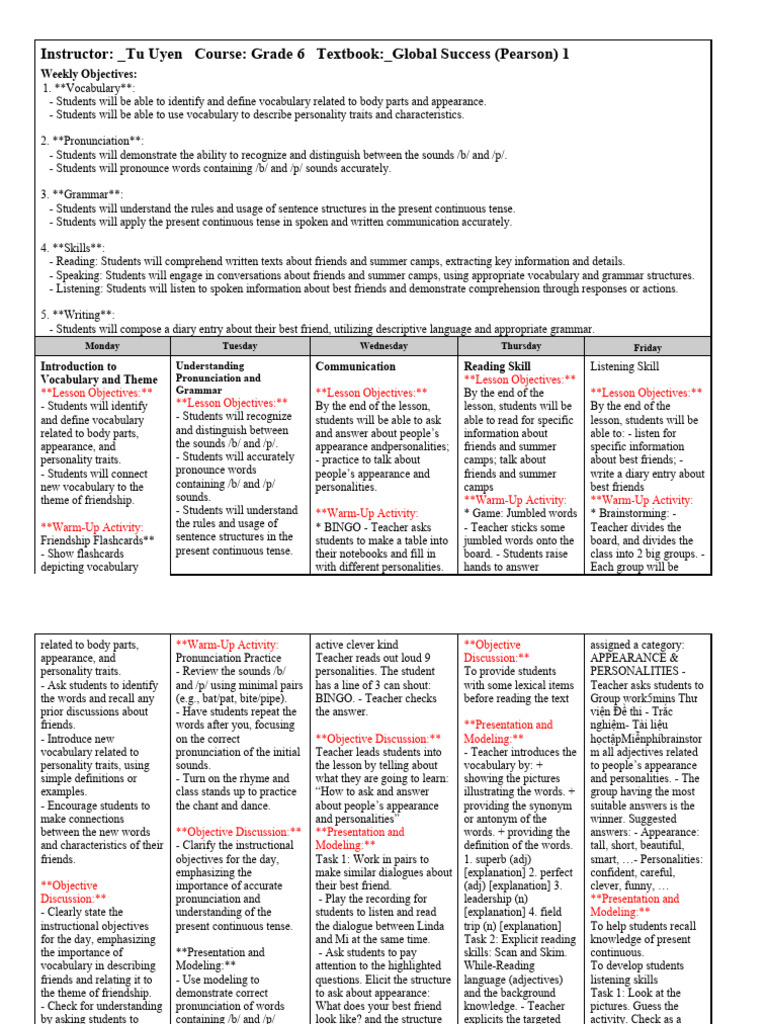One Week Lesson Plan - Template | PDF | Vocabulary | Reading Comprehension