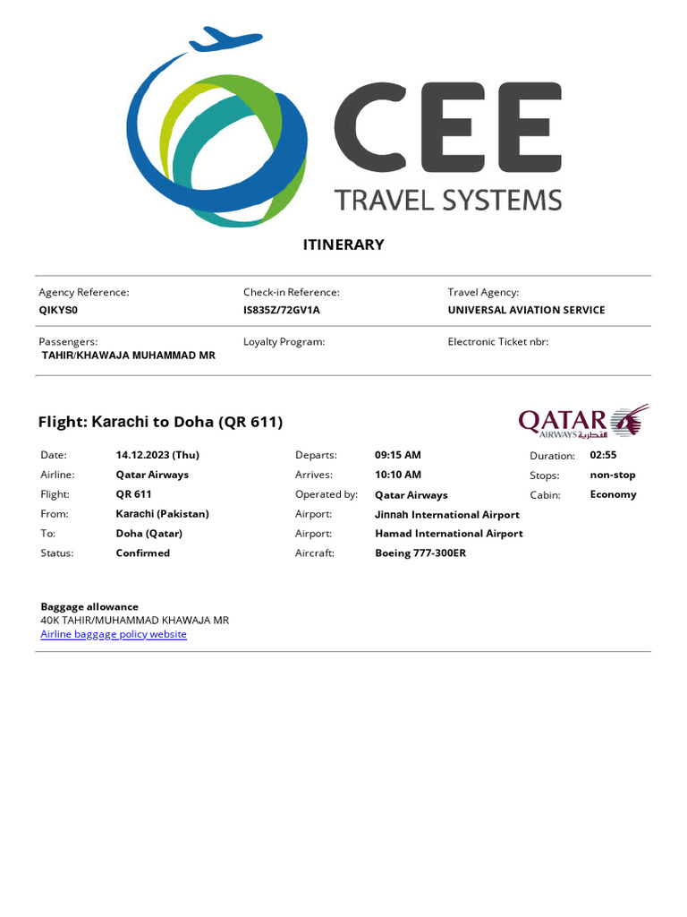 QR 611 Karachi to Doha Flight Status | PDF | Airport | Airlines