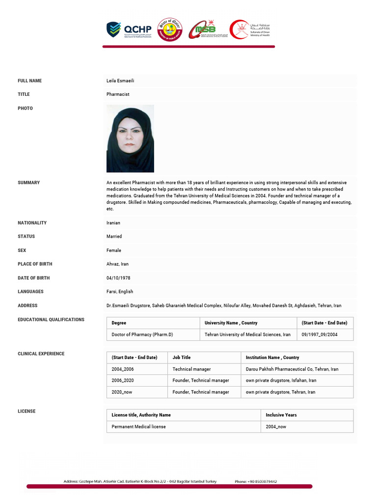 Resume - Leila Esmaeili | PDF | Pharmacy | Medical Prescription