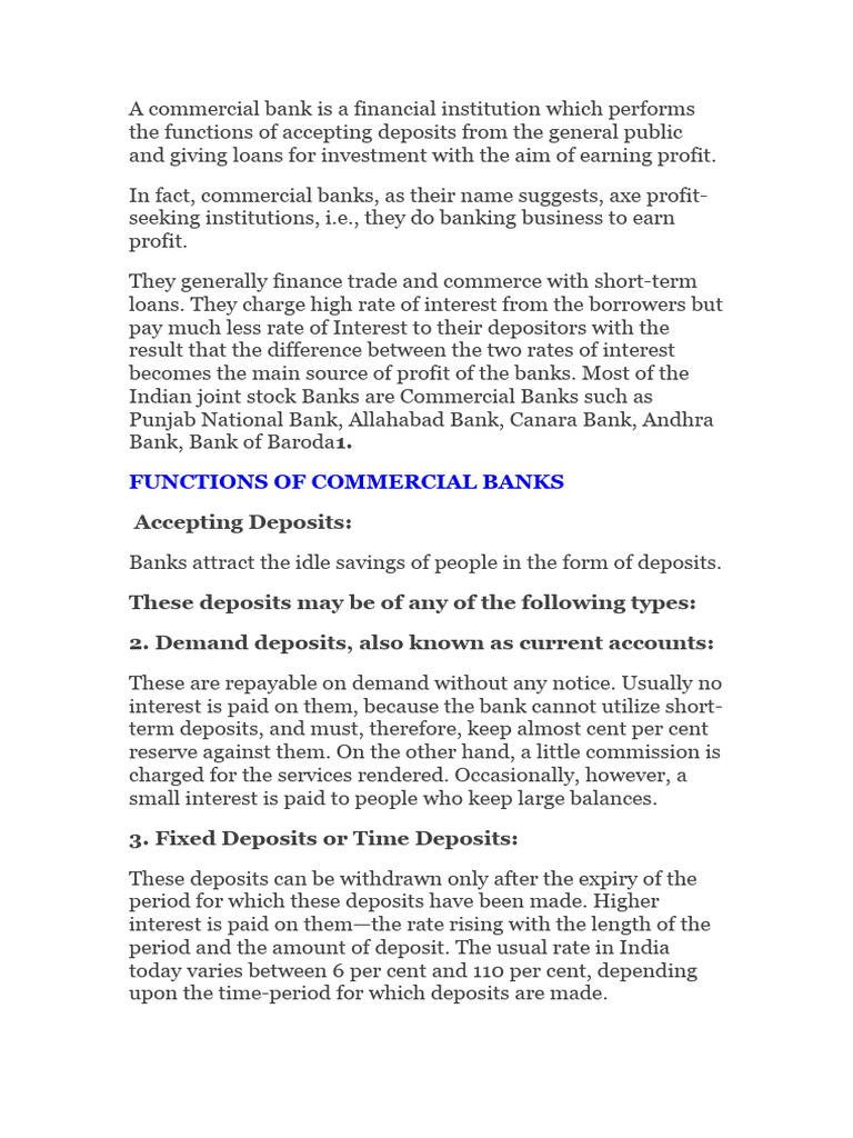 Functions and Overview of Commercial Banks | PDF | Banks | Deposit Account