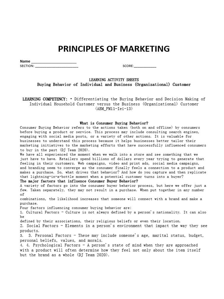 Learning Activity Sheet - Consumer & Organizational Buying Behavior ...