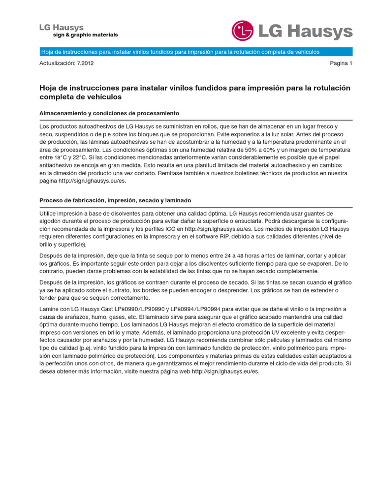 Hoja de Instrucciones para Instalar Vinilos Fundidos para Impresión para La Rotulación Completa ...