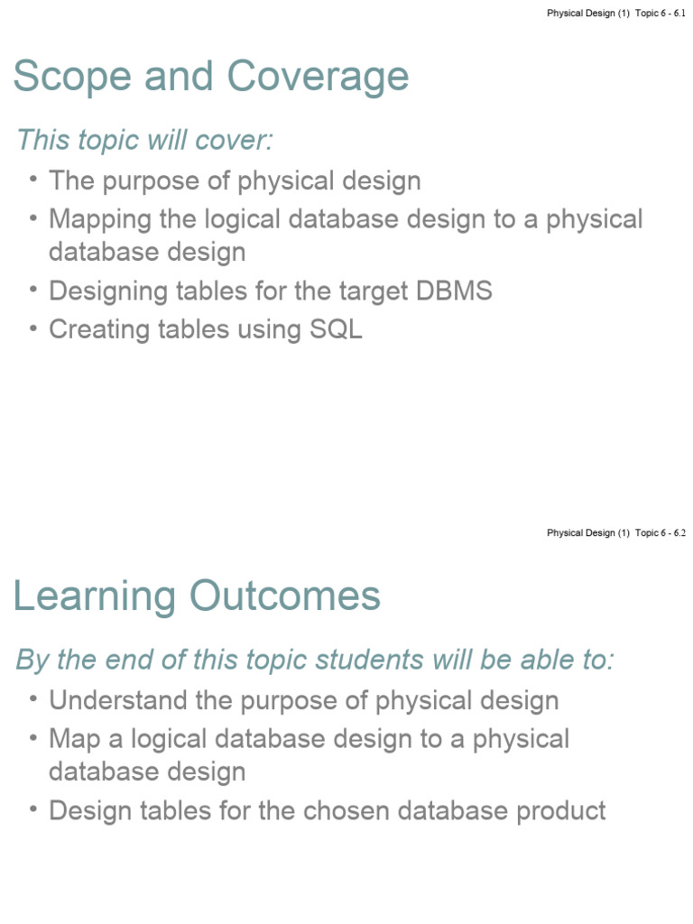 DDD Topic 6 - Physical Design | PDF | Databases | Table (Database) DDD Topic 6 - Physical Design | PDF | Databases | Table (Database)