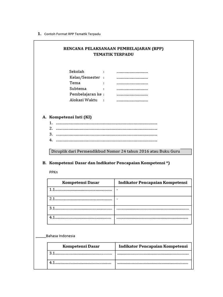 Contoh Format RPP Tematik Terpadu | PDF