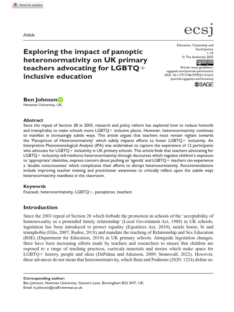 Exploring The Impact of Panoptic Heteronormativity On UK Primary Teachers Advocating For LGBTQ+ ...