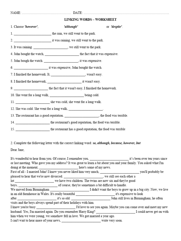 Linking Words - Worksheet | PDF