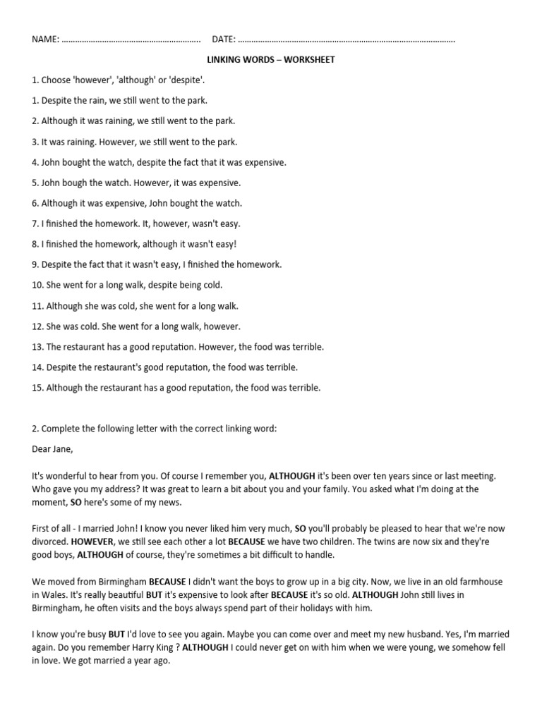 LINKING WORDS - WORKSHEET With Answers | PDF