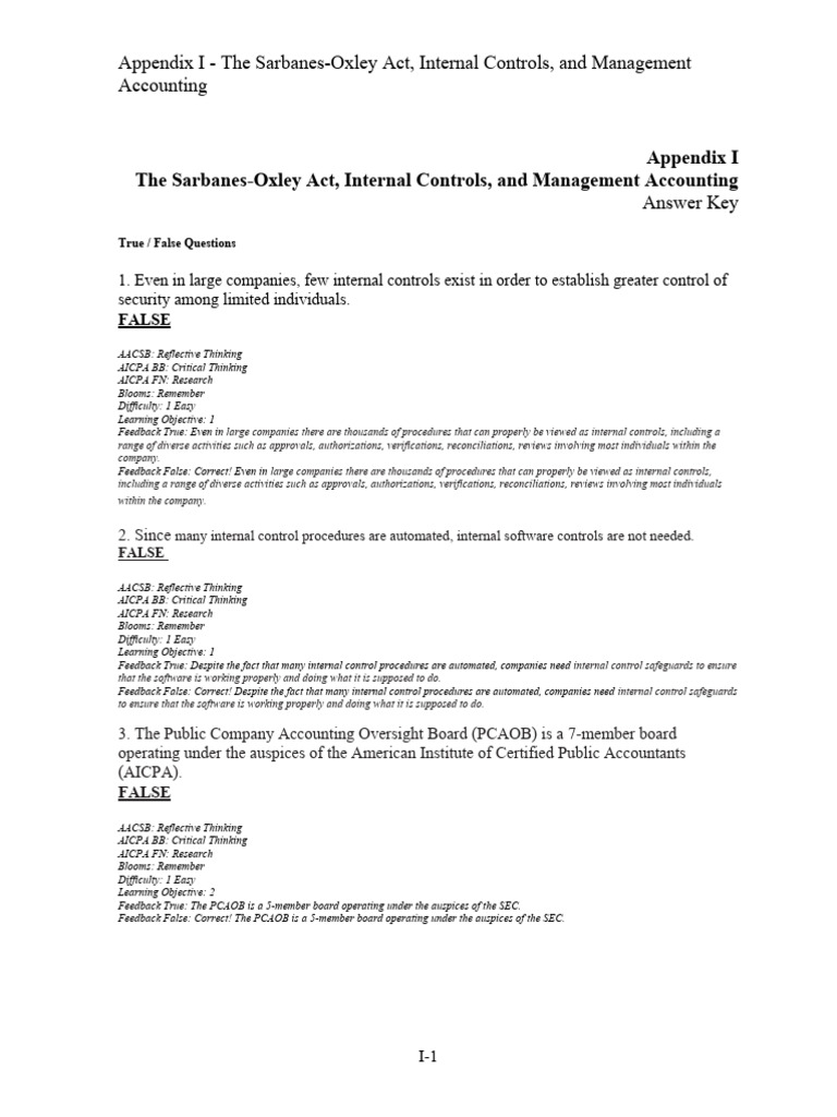 HiltonPlatt 11e TB AppI | PDF | Internal Control | Sarbanes–Oxley Act