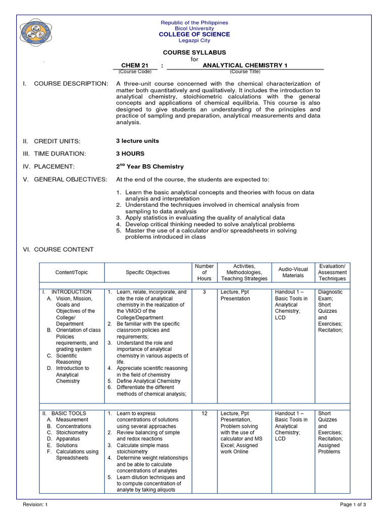 2011-2012 1st Sem Chem 21 Syllabus Rev 1 | PDF | Chemical Equilibrium ...