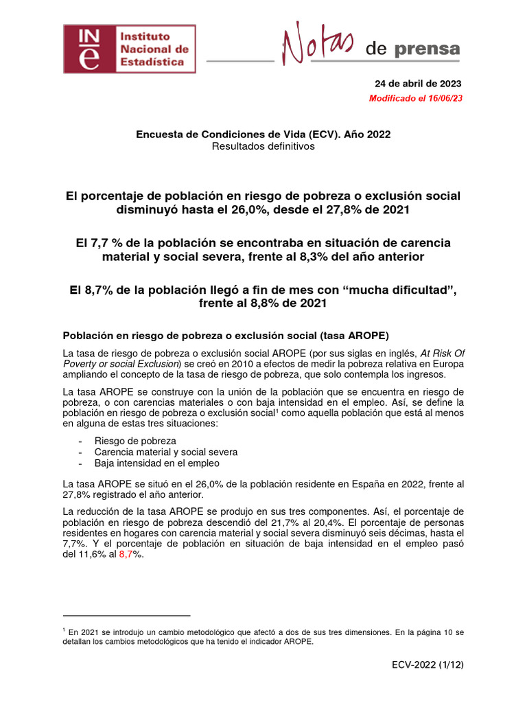 Ecv 2022 | PDF | Pobreza | Pobreza e indigencia