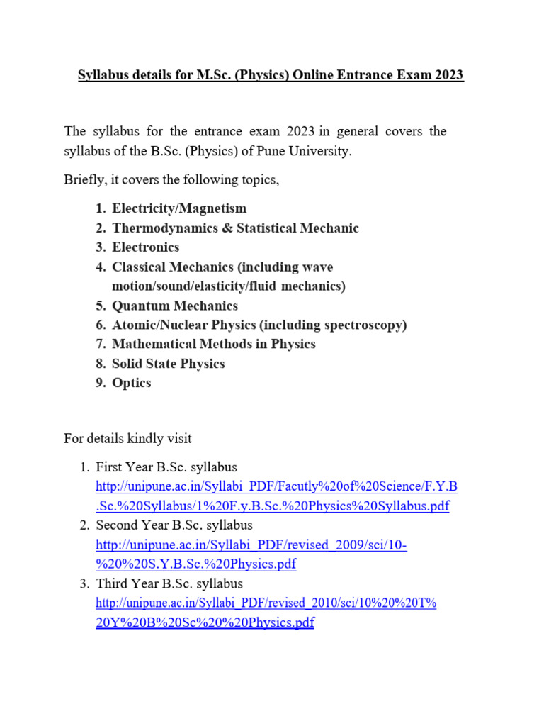 M.Sc. Physics Entrance Exam Syllabus 2023 | PDF