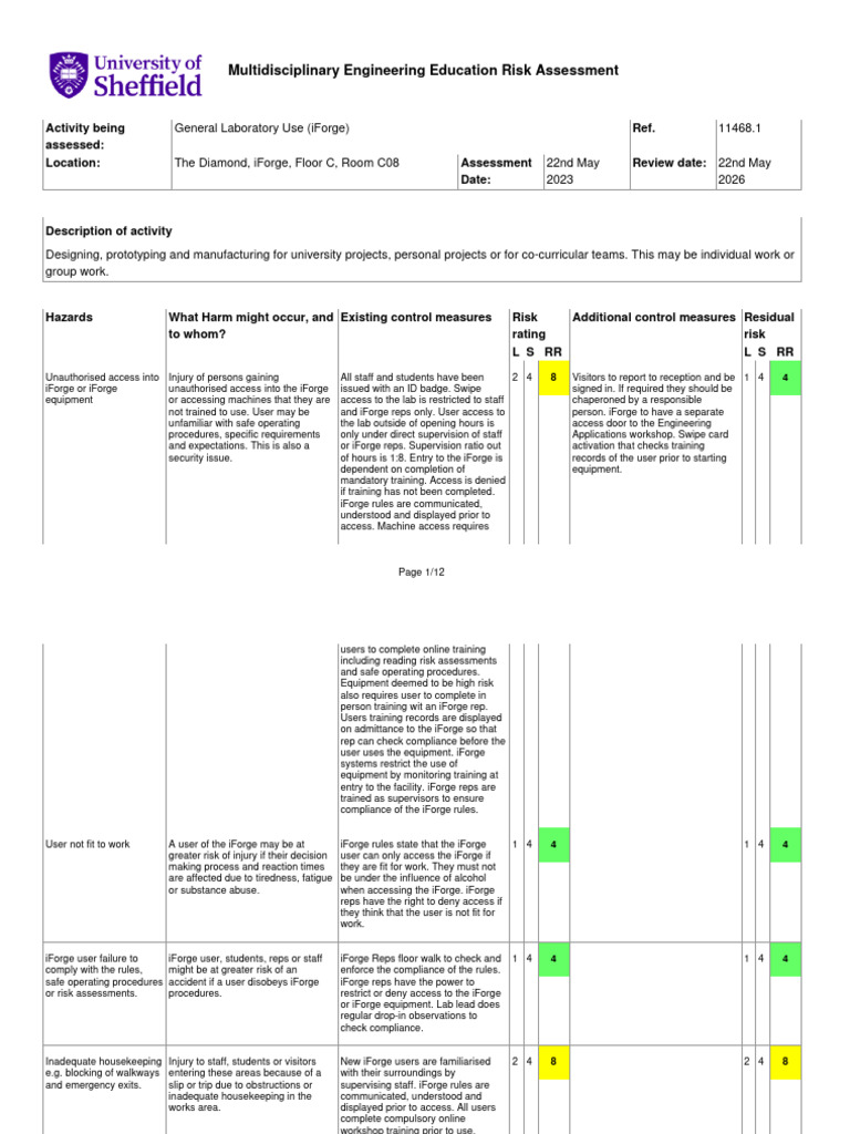 iForge Laboratory Risk Assessment Guide | PDF | Laboratories | Safety
