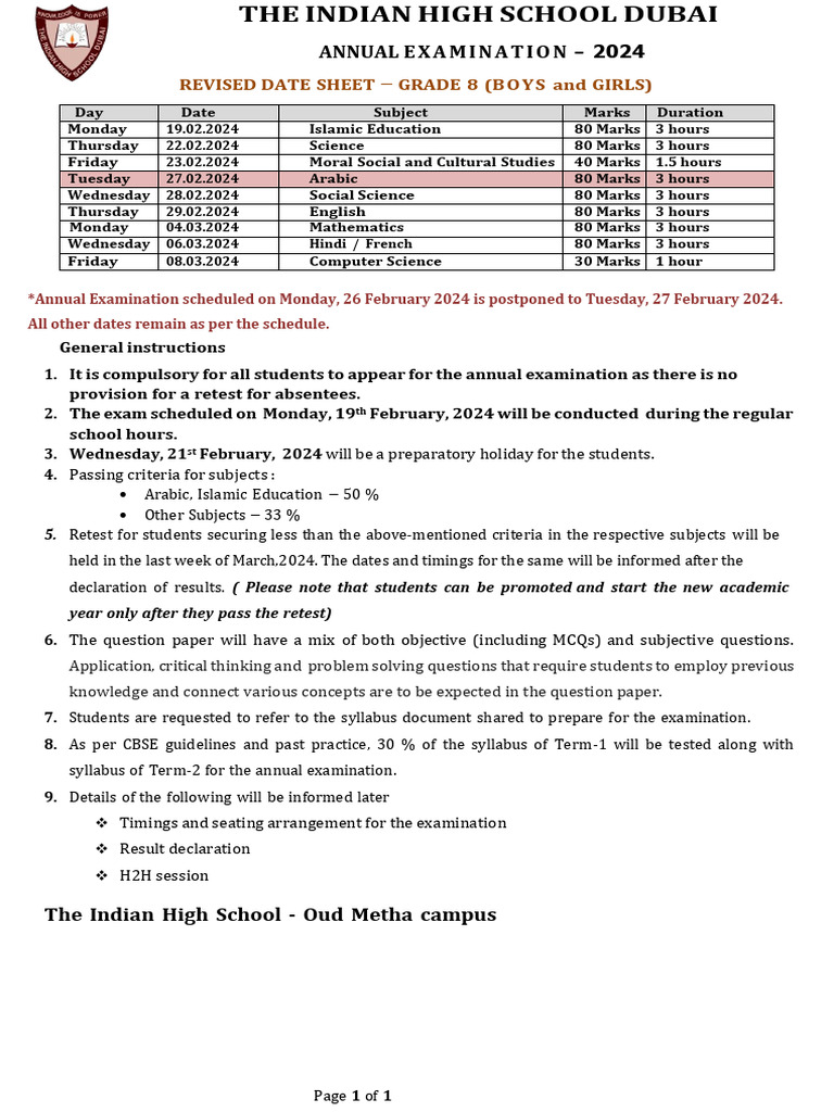 Revised - Grade-8-Annual-2024-Date Sheet | PDF