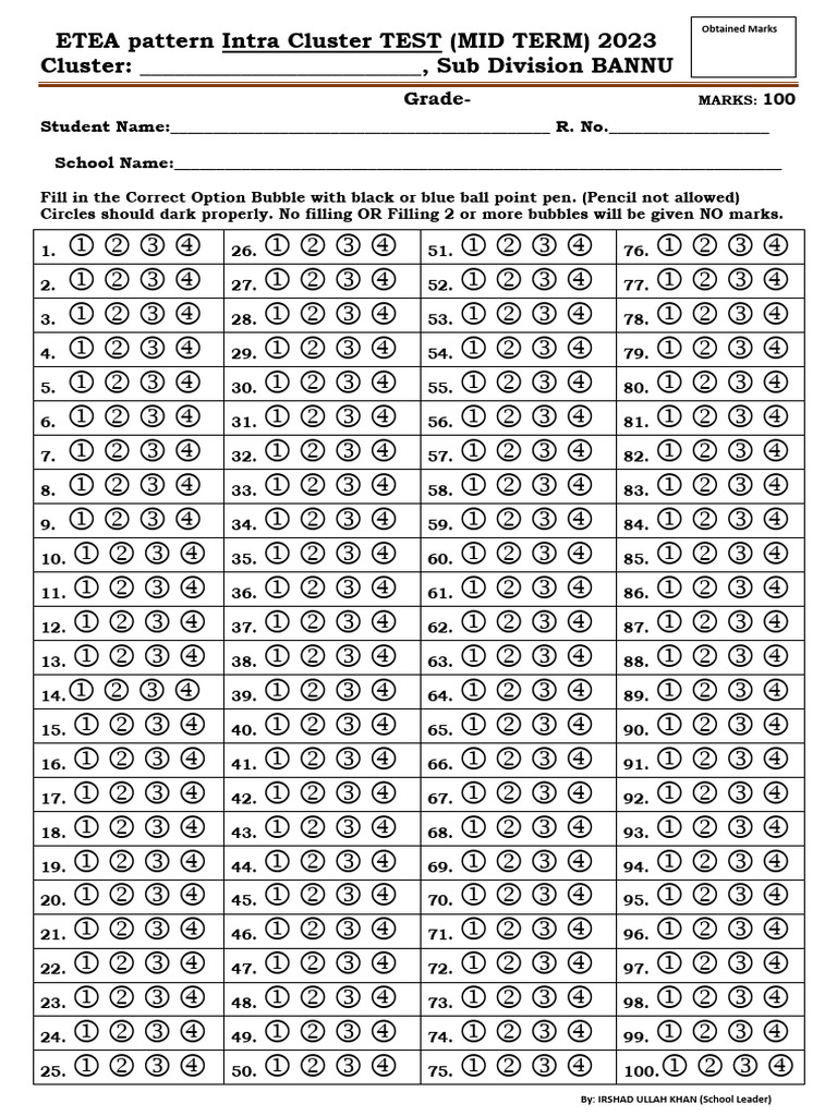 ETEA Pattern 100 MCQs Bubble Sheet | PDF | Writing Implements
