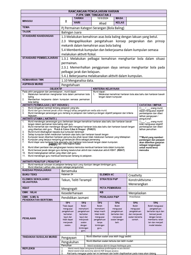 RPH SMK Minggu 8 PJPK Tingkatan 2 2024-2025 by Cikgu Gorgeous | PDF