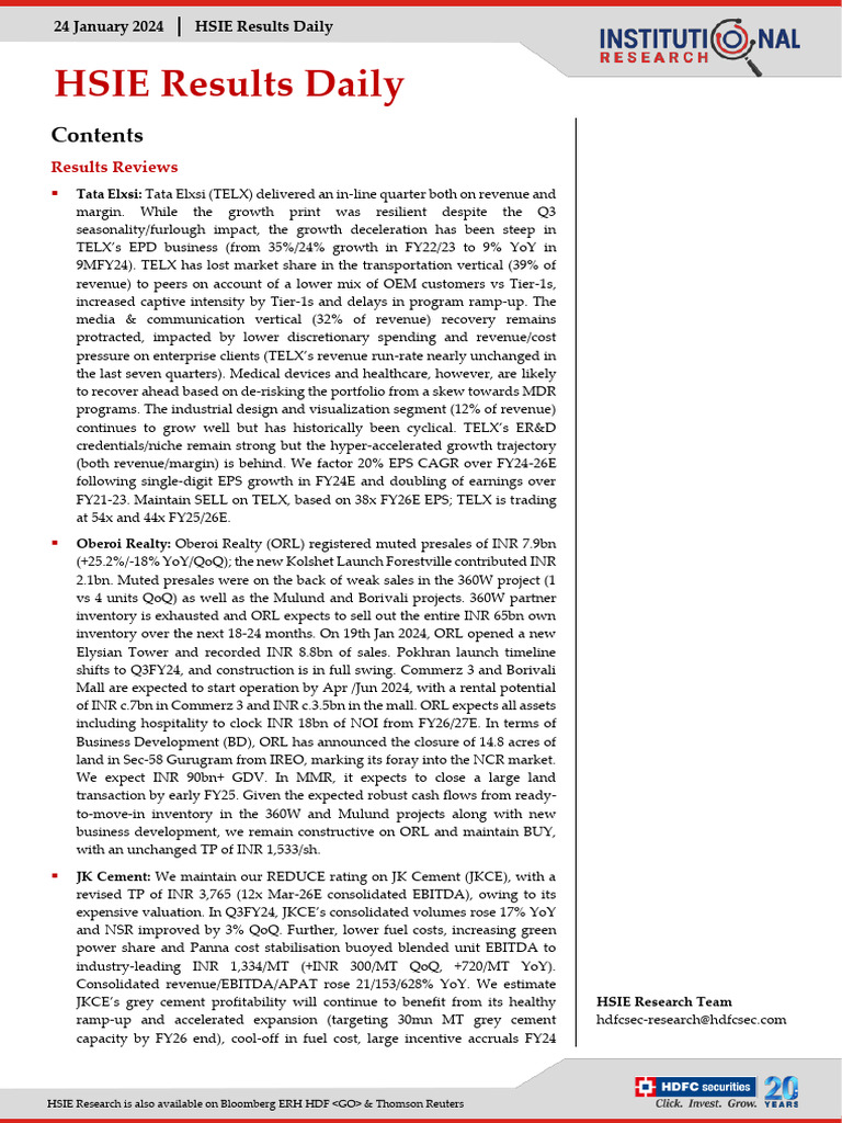 HSIE Daily: Tata Elxsi, Oberoi, JK Cement | PDF | E Commerce | Investing