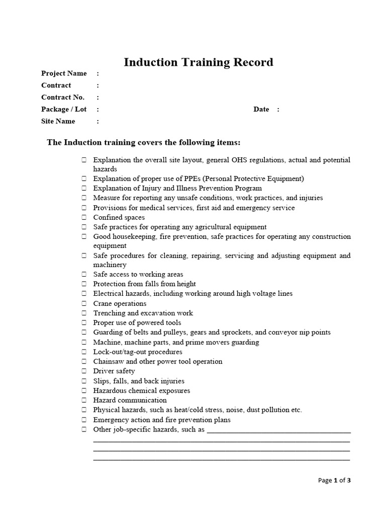 001 Induction Training Record | PDF | Safety | Occupational Safety And ...