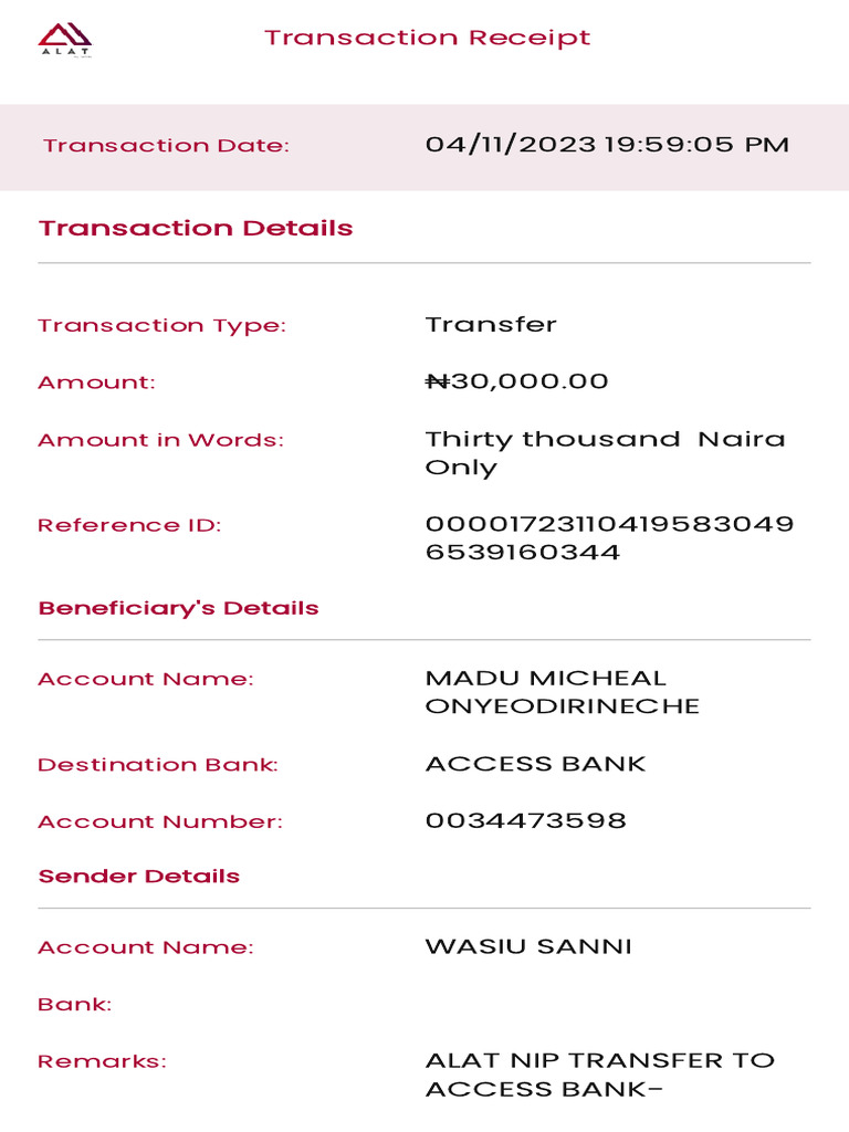 Transaction Receipt for ₦30,000 Transfer | PDF | Finance & Money ...