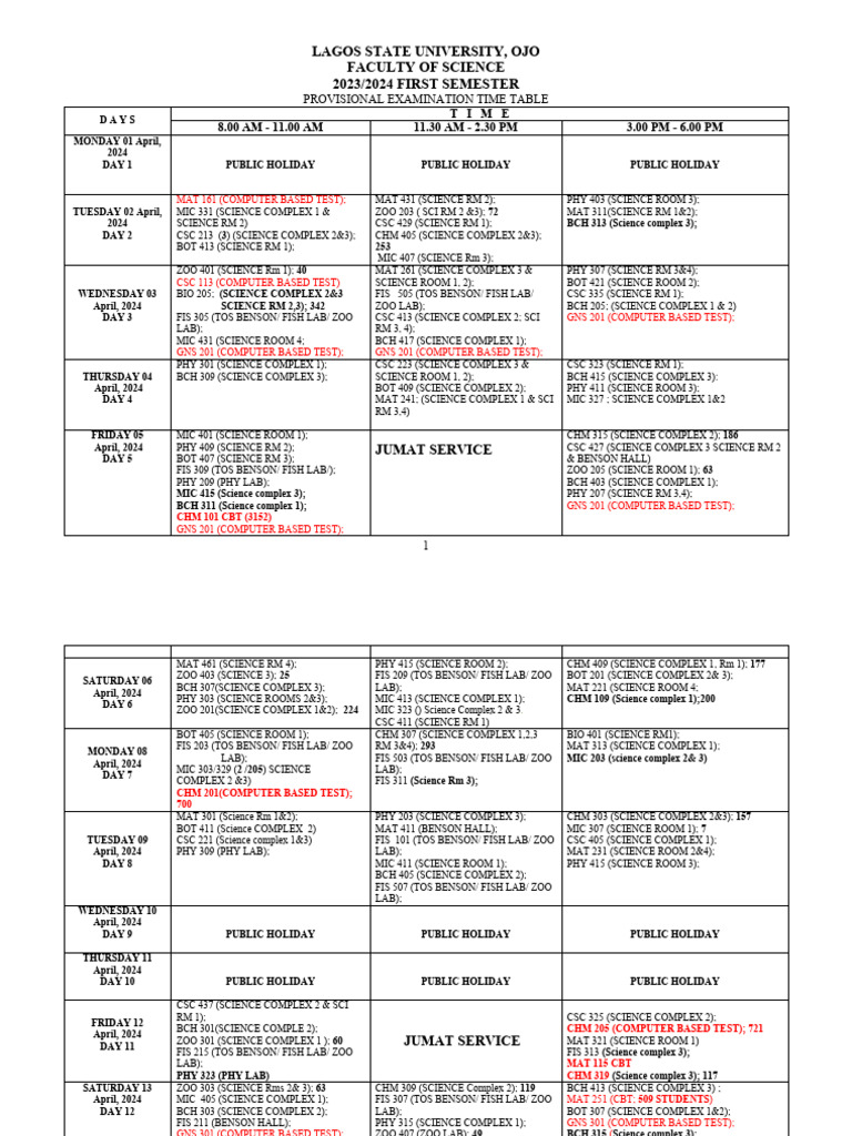 2023-2024 Fos First Semester Examination Time-table Provisional | PDF