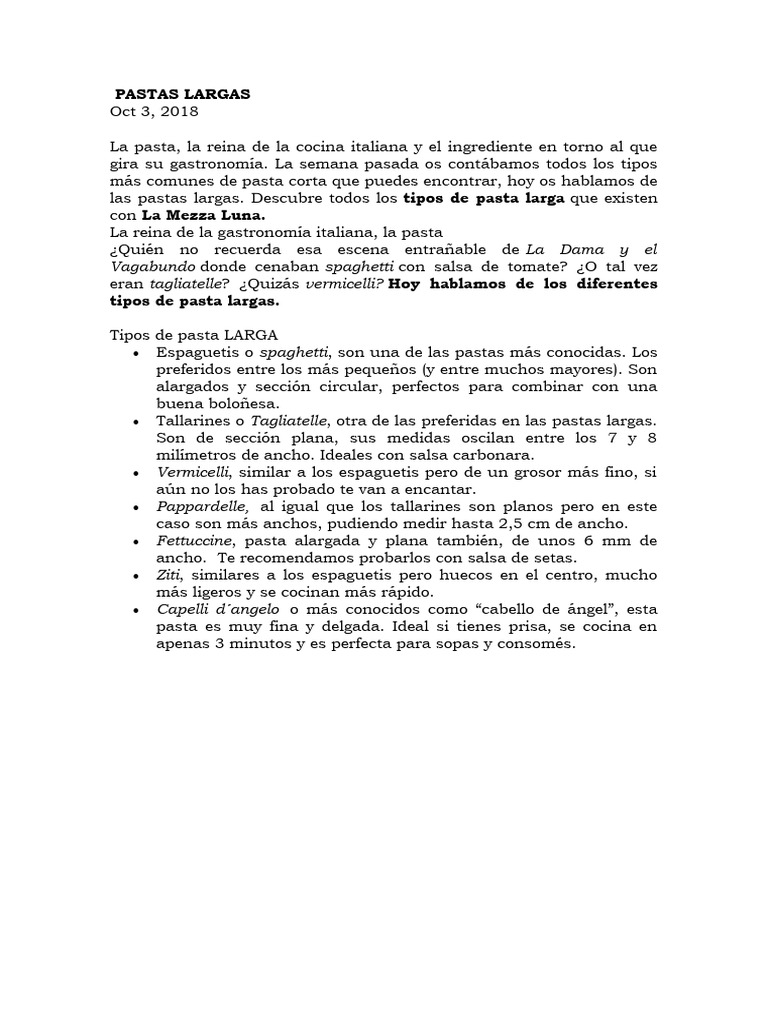 Tipos de Pasta Larga en la Cocina Italiana | PDF