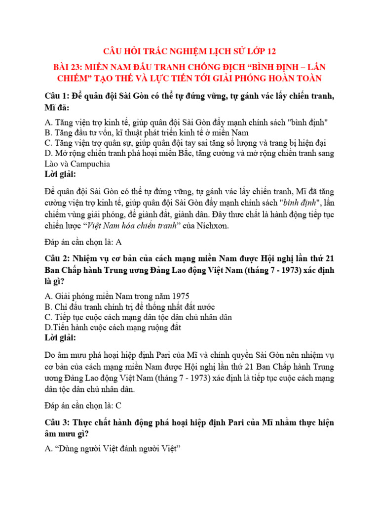 61 Cau Trac Nghiem Lich Su 12 Bai 23 Co Dap An 2023 Mien Nam Dau Tranh Chong Dich Binh Dinh | PDF