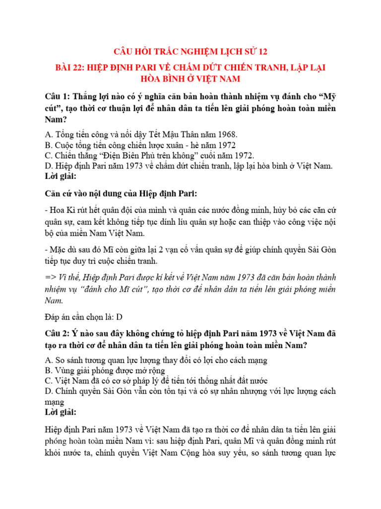 28 Cau Trac Nghiem Lich Su 12 Bai 22 Co Dap An 2023 Hiep Dinh Pari Ve Cham Dut Chien Tranh Lap ...