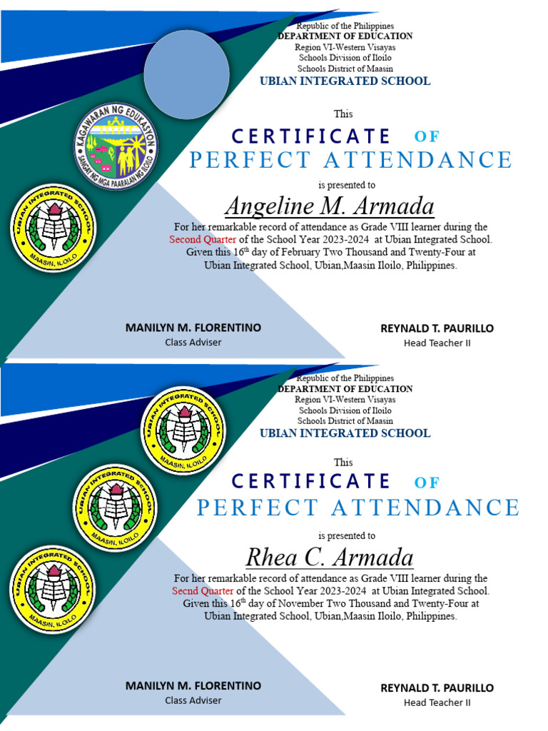 Perfect Attendance Awards at Ubian School | PDF | Philippines | Public ...