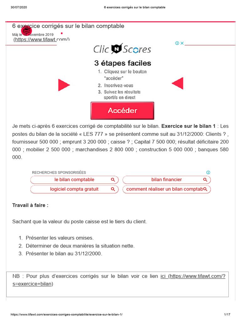 6 Exercices Corrigés Sur Le Bilan Comptable | PDF | Bilan comptable ...