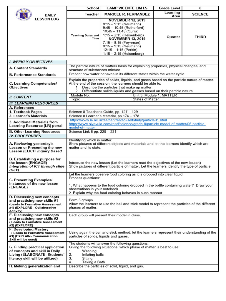 DLP Science 8 | PDF | Learning | Matter