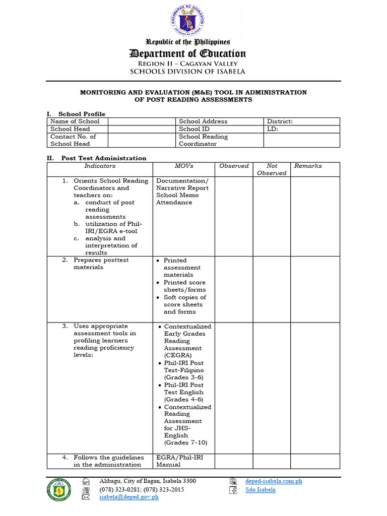 M&E Tool for Post Reading Assessments | PDF | Human Communication ...