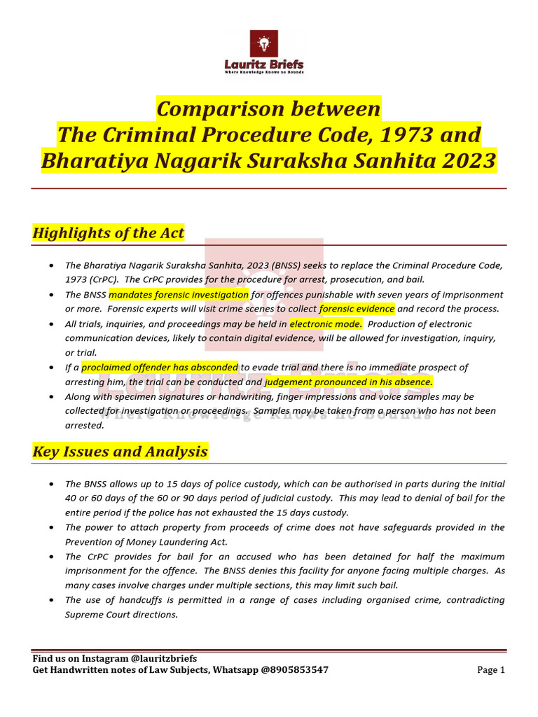 Comparison Between CRPC and Bnss | PDF | Bail | Plea Bargain