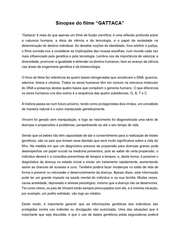 Sinopse Do Filme "GATTACA" | PDF | Genética | Humano