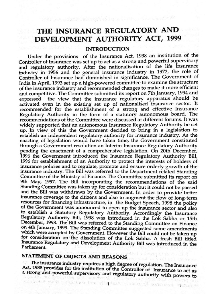 Insurance Regulatory and Development Authority Act, 1999 | PDF