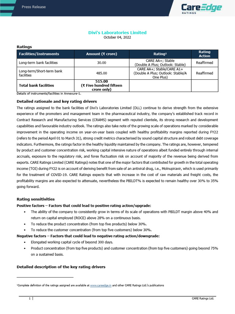 Divis Laboratories Limited | PDF | Food And Drug Administration | Debt