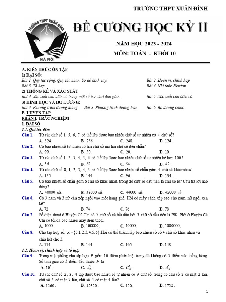 De Cuong Hoc Ky 2 Toan 10 Nam 2023 2024 Truong THPT Xuan Dinh Ha Noi | PDF
