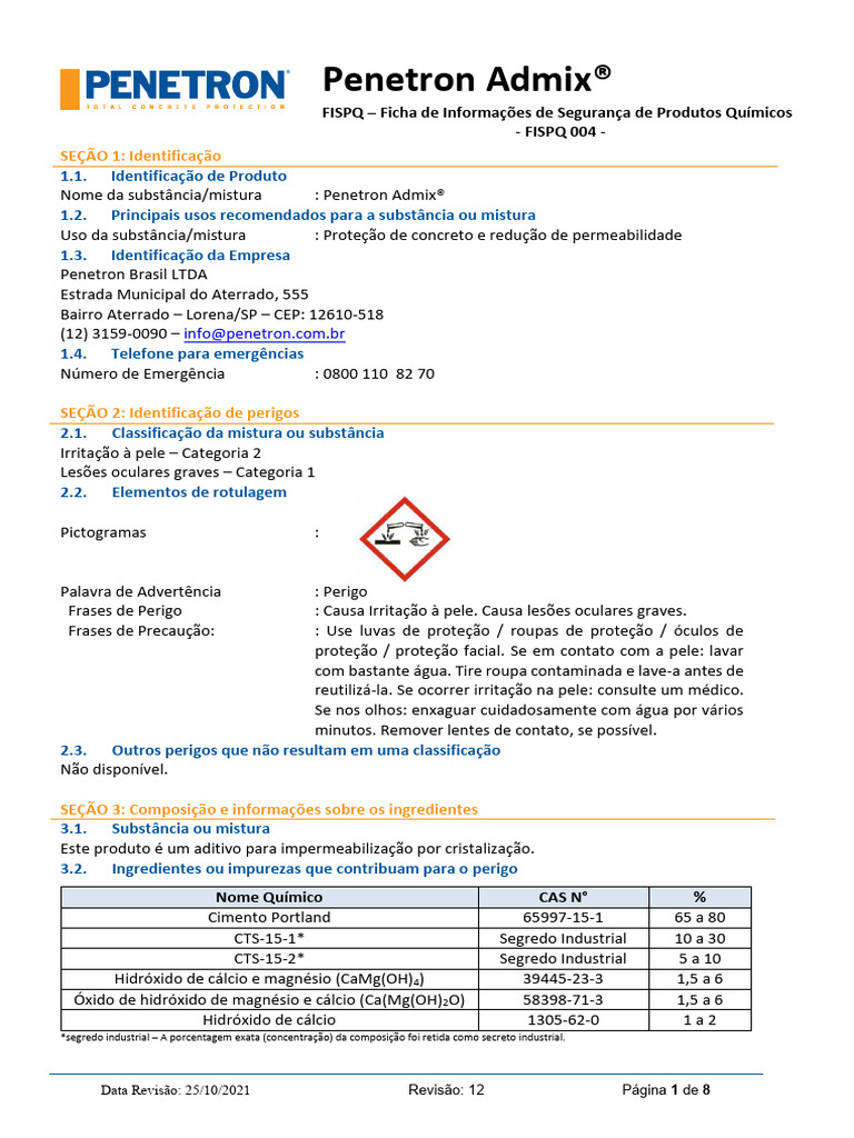 Fispq 004 070 Penetron Admix Admix Liquid | PDF | Queimadura | Vapor