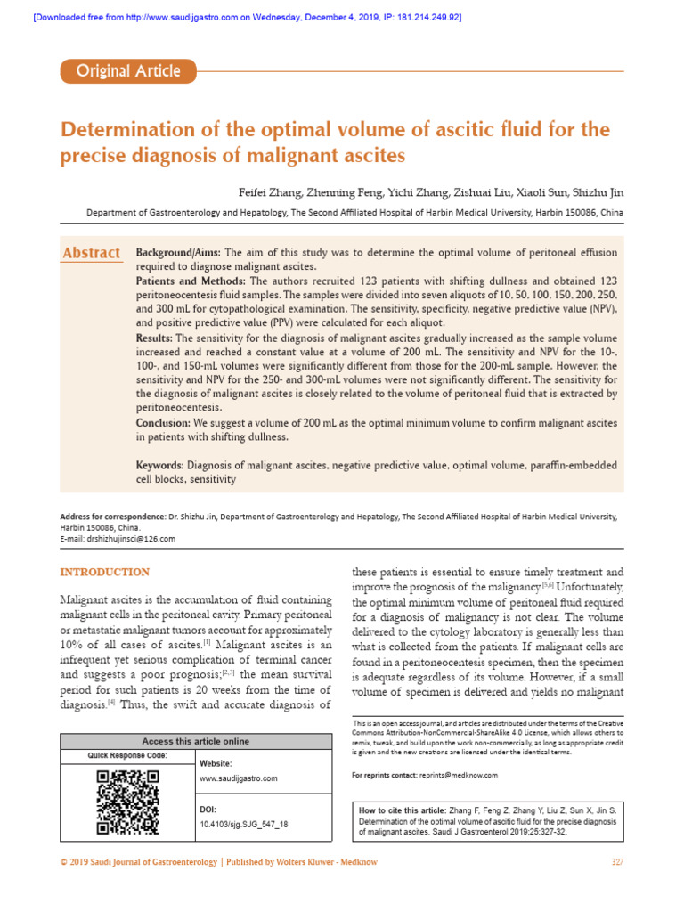 Optimal Ascitic Fluid Volume for Diagnosis | PDF | Cytopathology ...