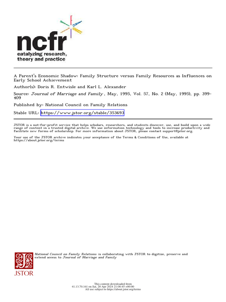 Entwisle ParentsEconomicShadow 1995 | PDF | Single Parent | Sat