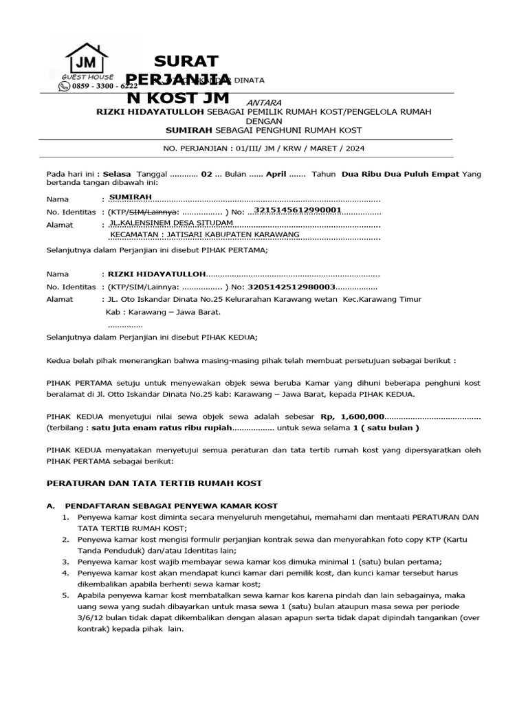 Surat Perjanjian Kost | PDF | Ilmu Sosial | Griya & Taman