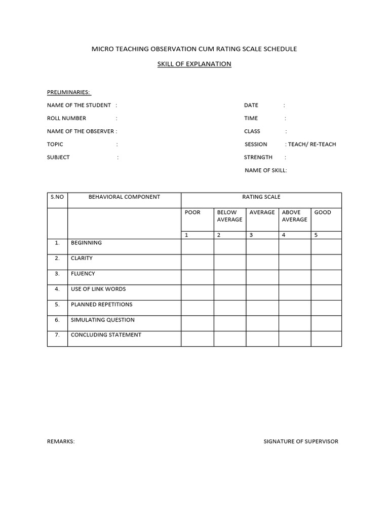 Micro Teaching Observation Cum Rating Scale Schedule | PDF