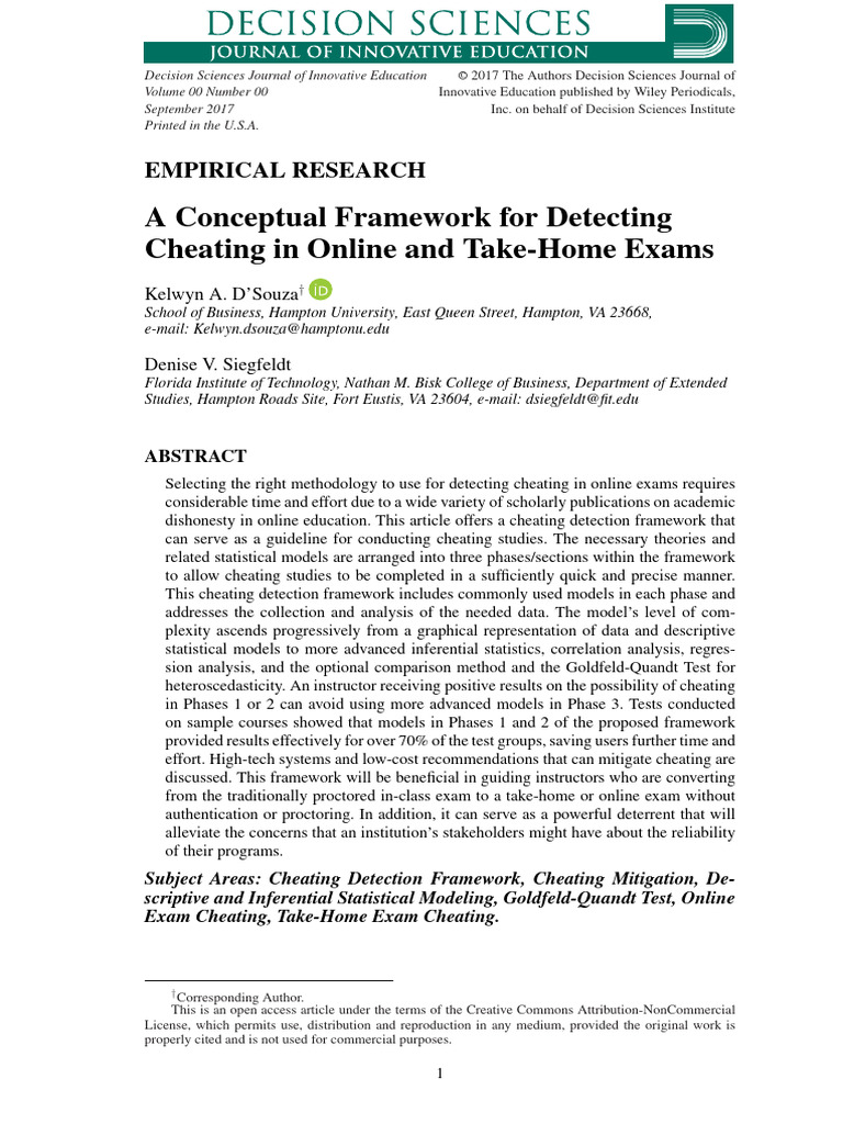 A Conceptual Framework For Detecting Cheating in O | PDF | Statistics ...