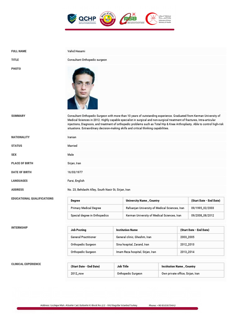 Resume - Vahid Hesami | PDF | Orthopedic Surgery | Surgery