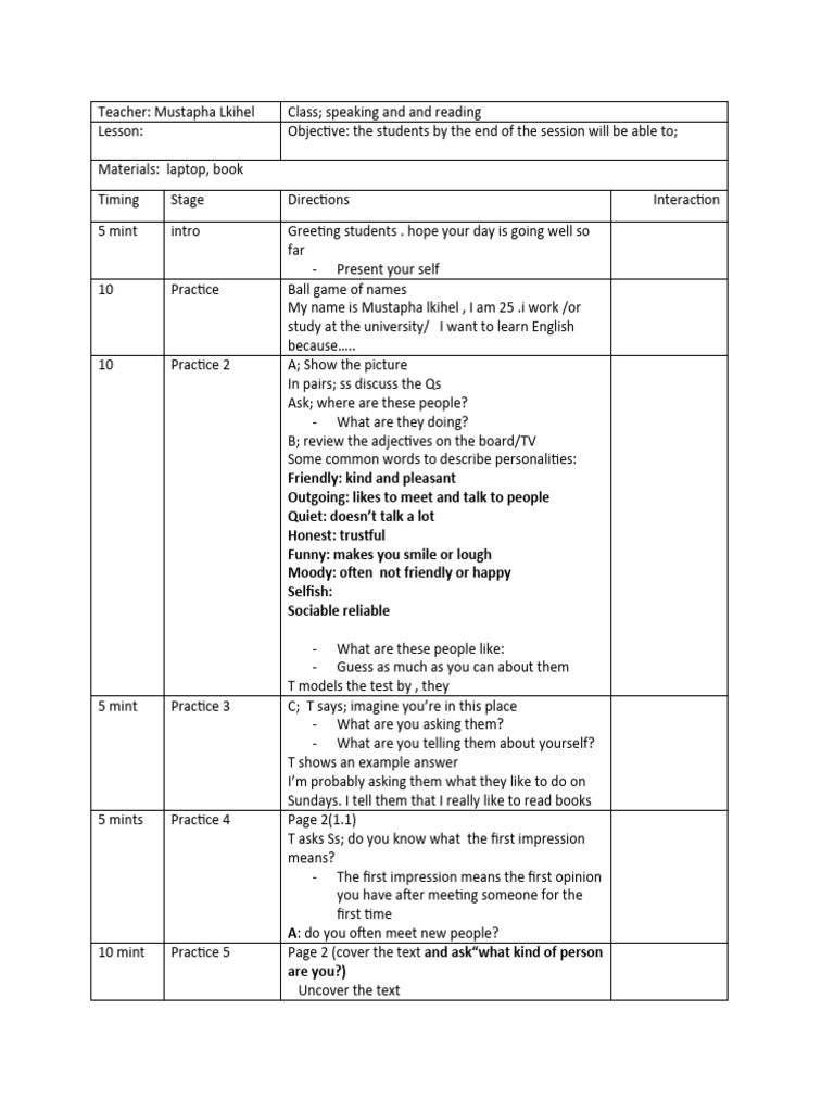 Intermediate 1 Lesson Plan | PDF | Human Communication | Learning